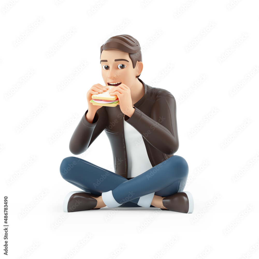 3d cartoon man eating sandwich sitting on floor Stock Illustration ...