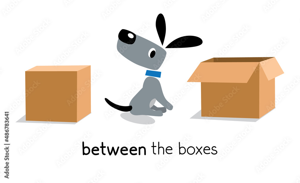 Preposition of place. Dog between two boxes Stock Vector | Adobe Stock
