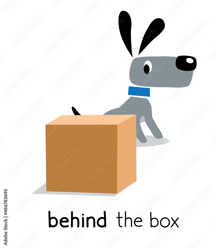 Preposition of place. Dog behind the box Stock Vector | Adobe Stock