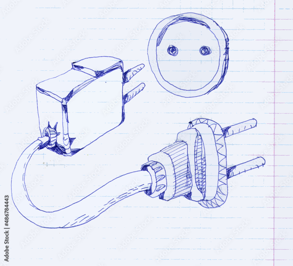 Charging electrical device. Plug and socket. Sketch in a notebook ...