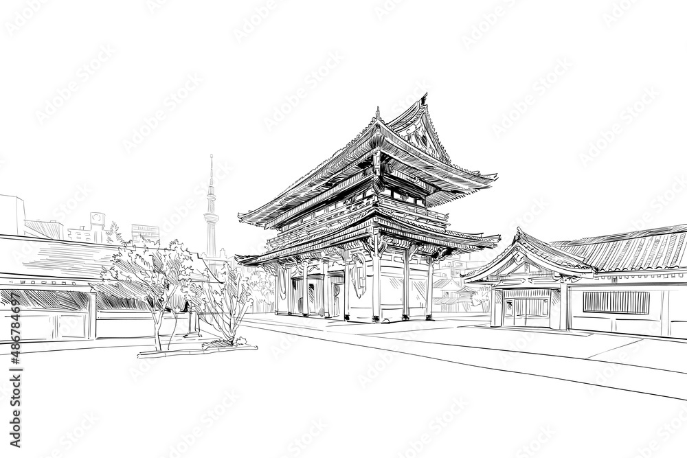 Tokyo. Buddhist temple. Japan. Hand drawn sketch. Vector illustration ...
