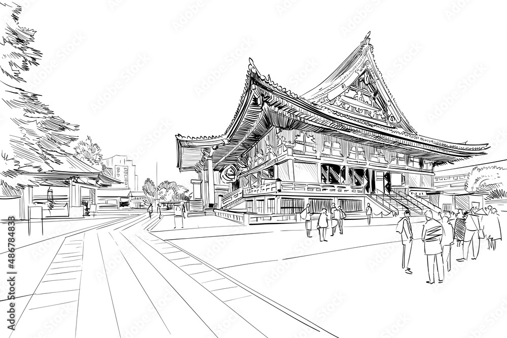 Tokyo. Buddhist temple. Japan. Hand drawn sketch. Vector illustration ...