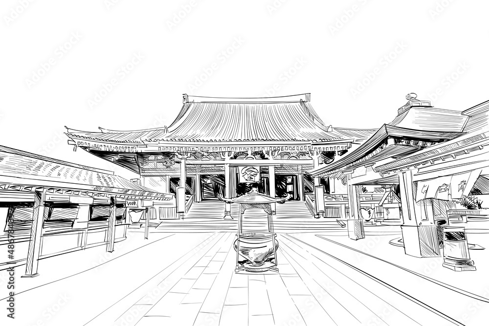 Tokyo. Buddhist temple. Japan. Hand drawn sketch. Vector illustration ...