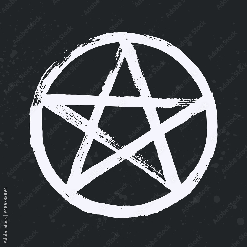 White pentagram symbol isolated on black background. A star in a circle ...