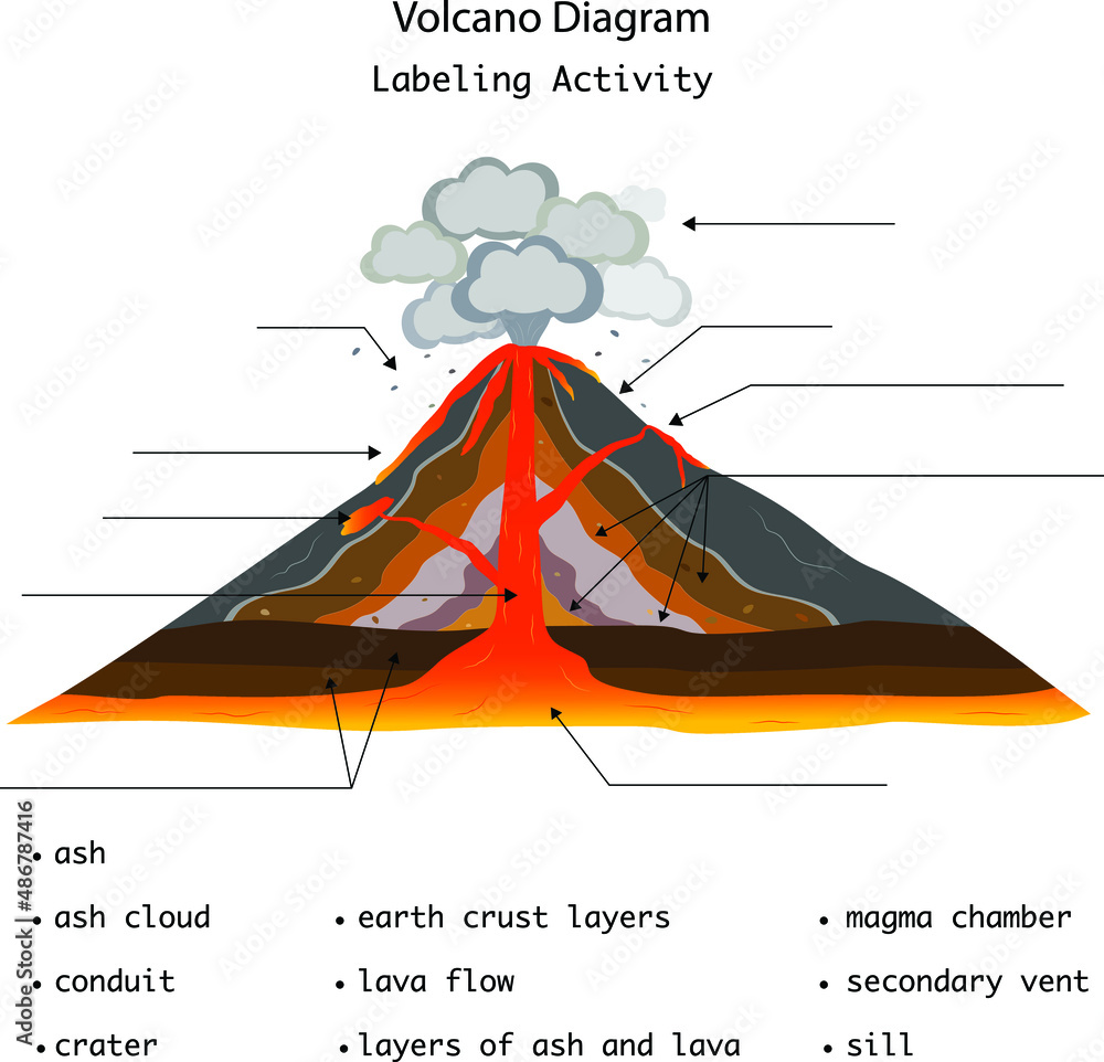 Volcano parts and eruption labeling activity Stock Vector | Adobe Stock