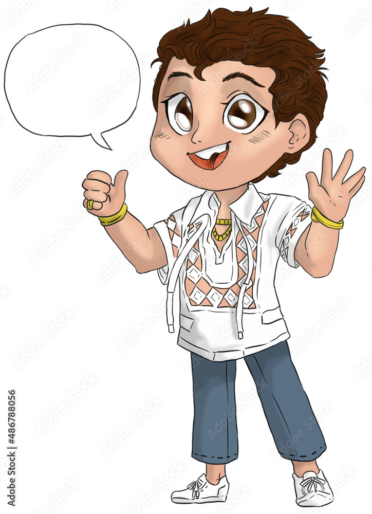 Digital illustration of a happy chibi boy with curly brown hair. With ...