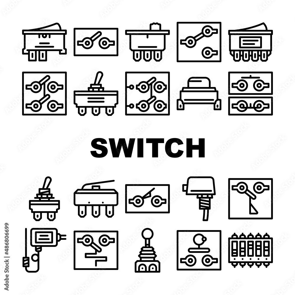 Switch Electricity Accessory Icons Set Vector. Double Pole Single Throw ...