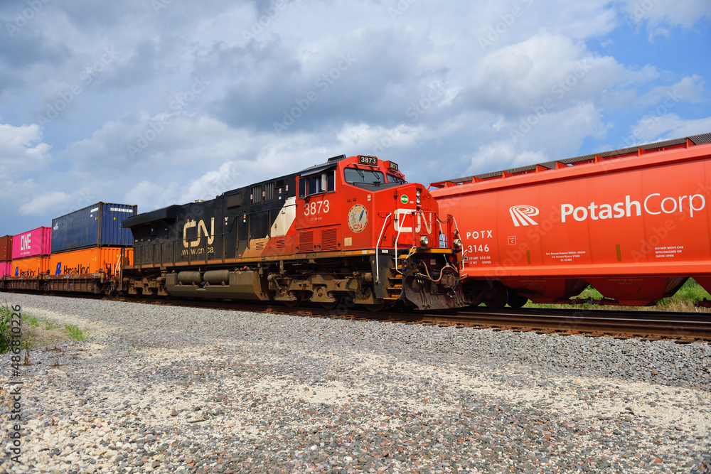 A Canadian National Railway intermodal freight train, at left, holding ...