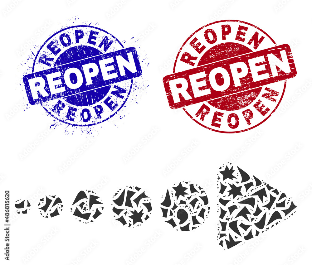 Round REOPEN scratched seals with tag inside round forms, and debris ...