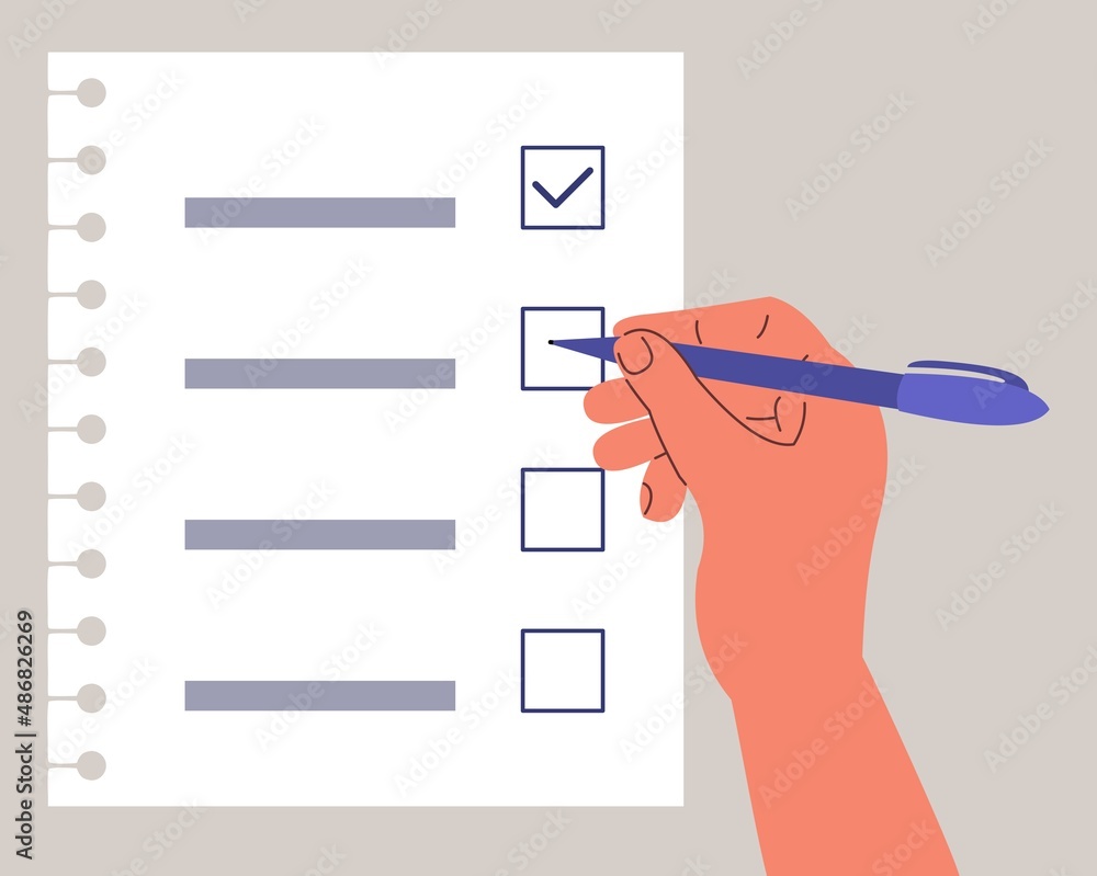 human filling control list on notepad, hands holding checklist with pen ...