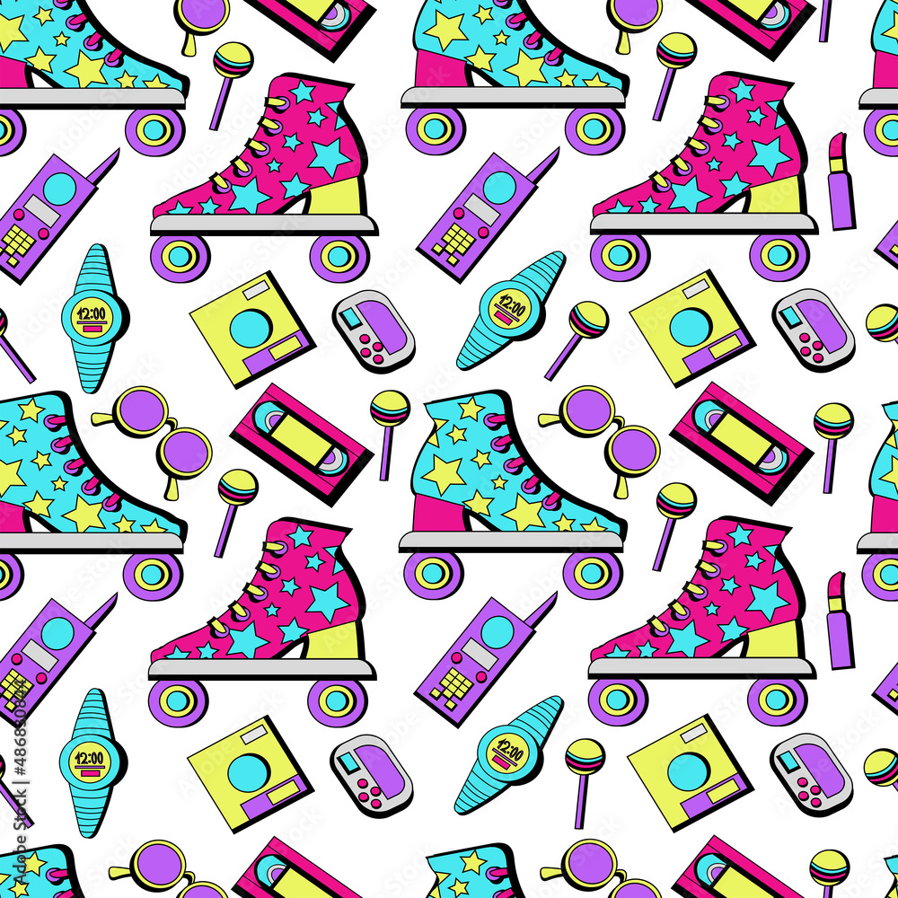 Seamless pattern of stickers cartoon 90s pop-art comic style. Hand ...