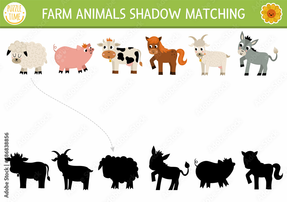 Fototapeta Farm shadow matching activity with animals. Country village ... Fototapeta Farm shadow matching activity with animals. Country village ...