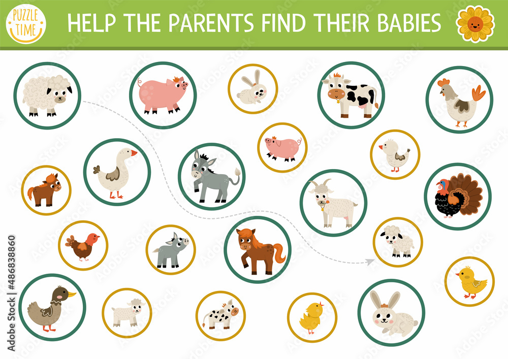 Farm matching activity with cute animals and babies. Country puzzle ...