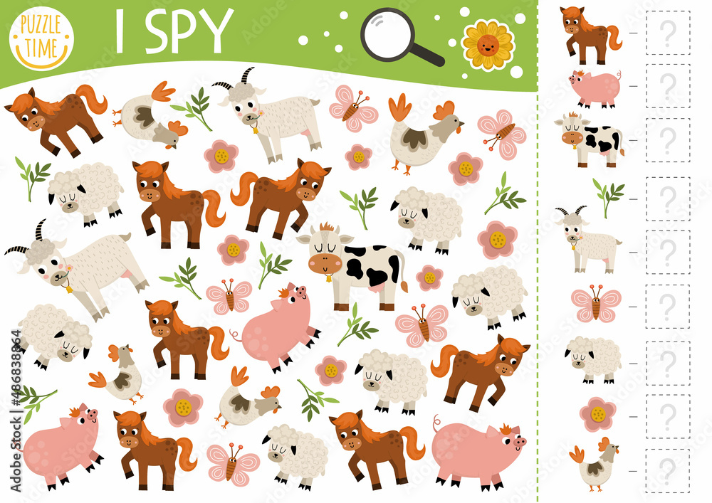 Farm animals I spy game for kids. Searching and counting activity with ...