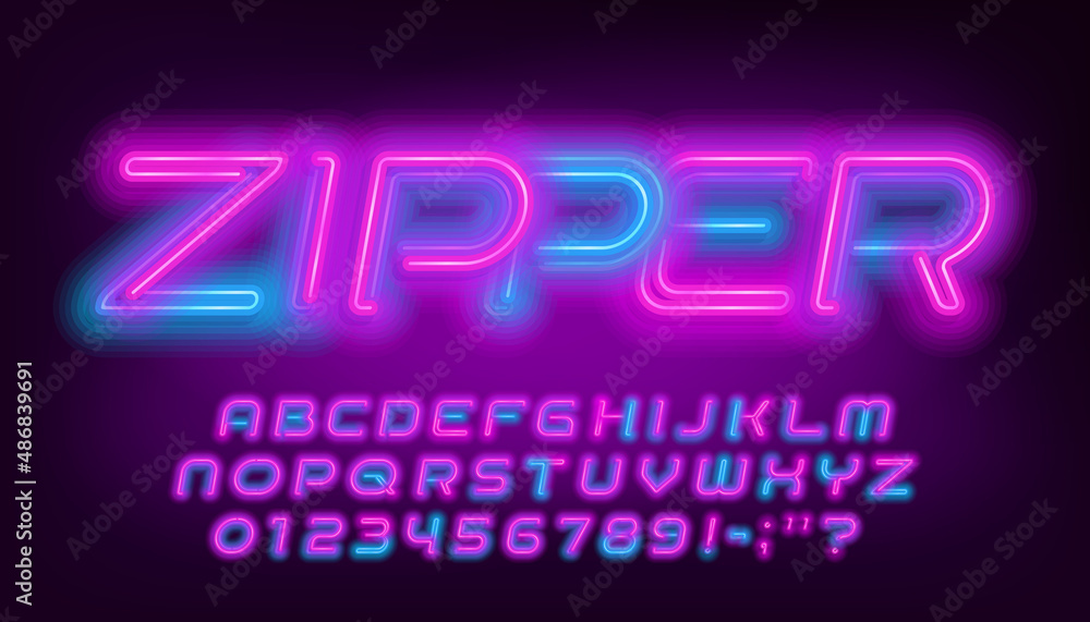 Zipper alphabet font. Neon letters, numbers and symbols. Stock vector ...