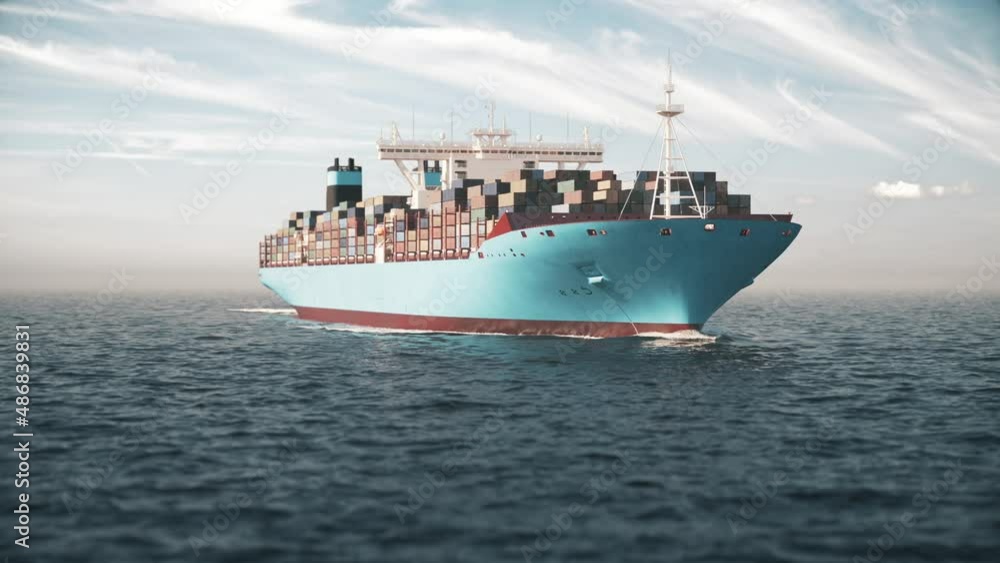 Container ship in the sea. Loaded container ship on open sea. Container ...