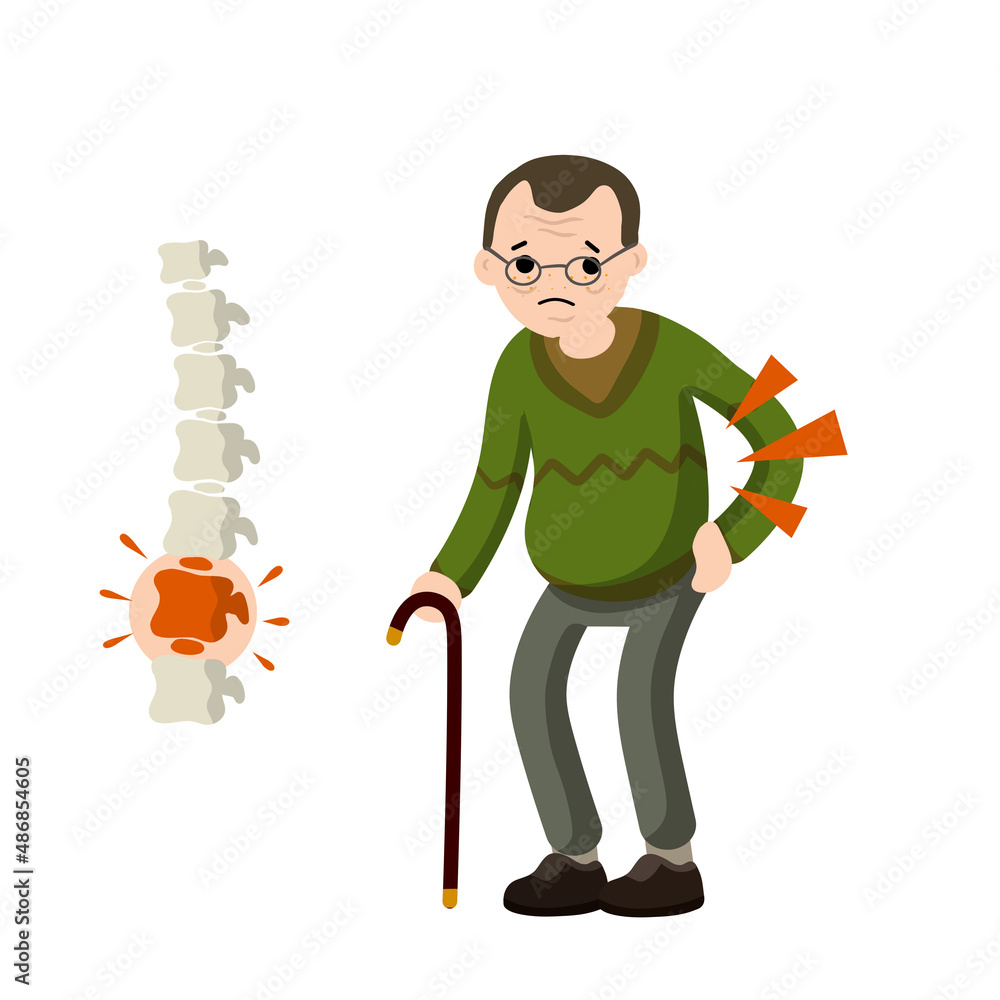 Old man and backache. bones of spine. Medical care. Red spot on ...