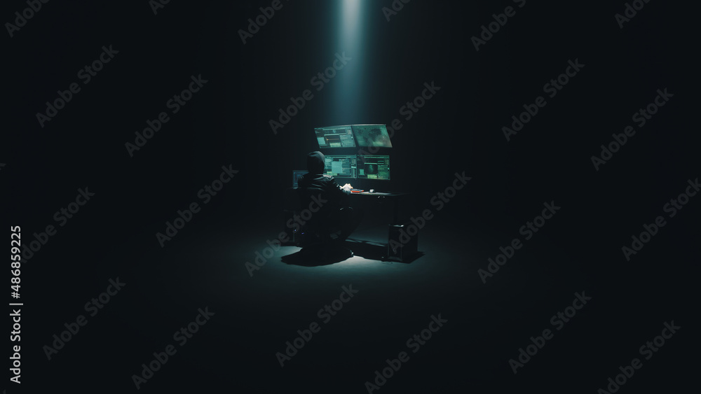 Foto de Minimalistic concept shot of male hacker using computer to ...