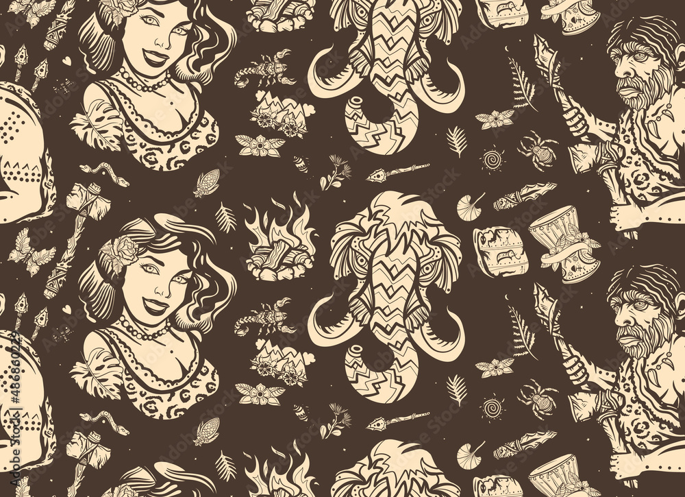 Cave man Old school tattoo vector style. Neolithic and paleolithic ...