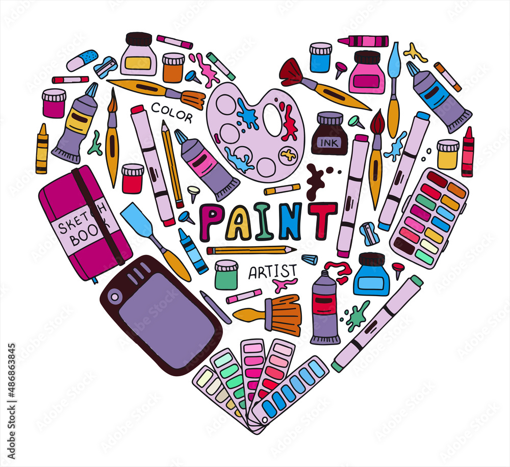 Vector art tools sketch. set hand drawn vector artist s supplies ...