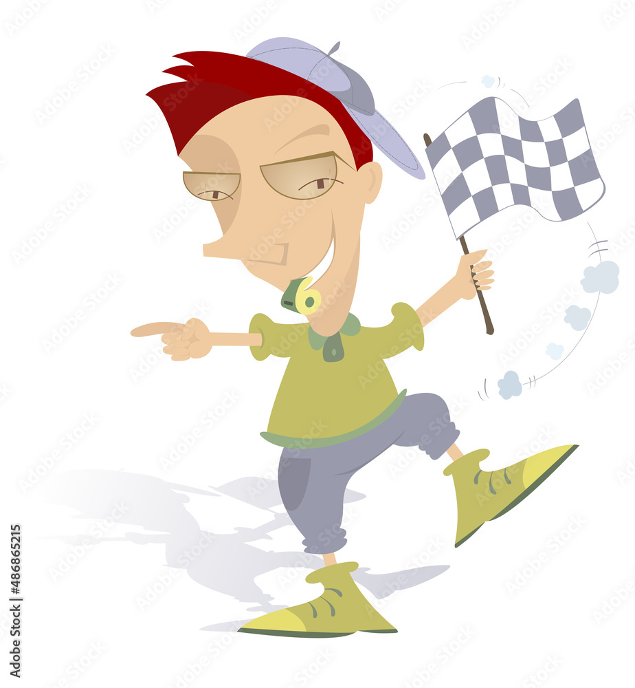 Cartoon referee is blowing a whistle and waving a go-ahead flag Stock ...