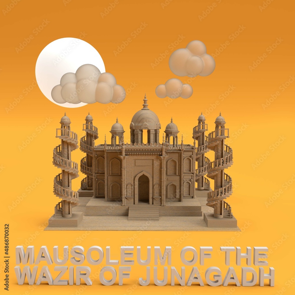 Bahauddin Maqbara Junagadh, Gujarat, India 3d render in yellow ...
