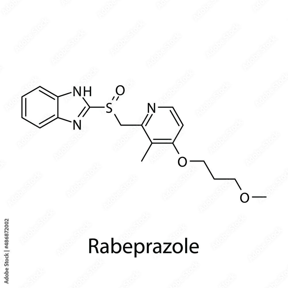 Rabeprazole molecular structure, flat skeletal chemical formula. Proton ...