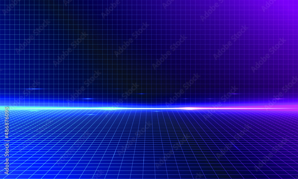 80s Retro Sci-Fi Background Futuristic Grid landscape. Digital cyber ...