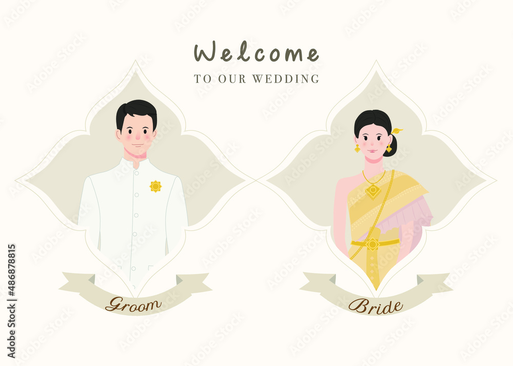 Thai wedding cartoon couple in Thai dressing wedding invitation card ...