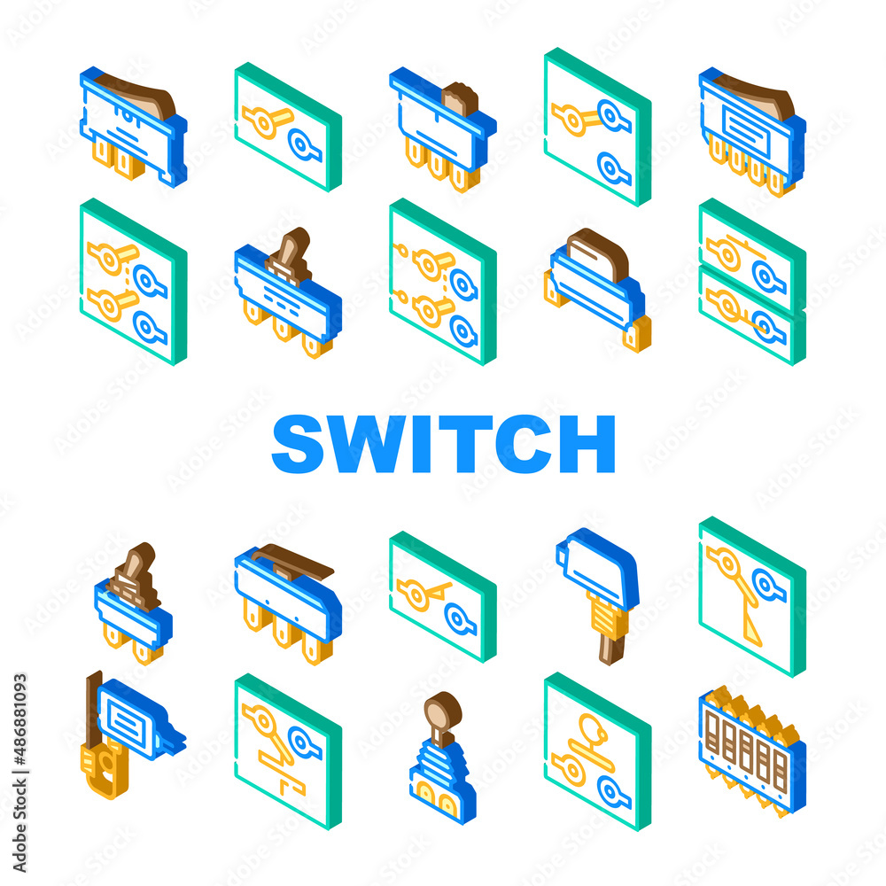 Switch Electricity Accessory Icons Set Vector. Double Pole Single Throw ...