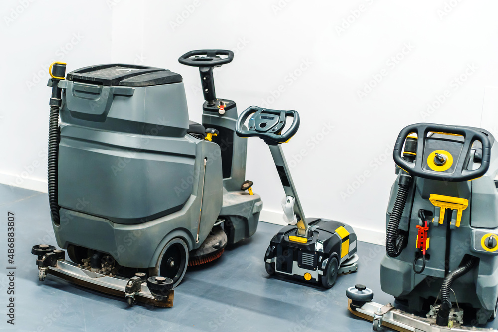Industrial equipment for washing floors in large rooms. Parking of ...