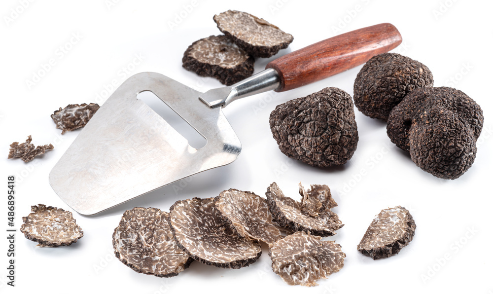 Black edible winter truffle on white background. The most famous of the ...