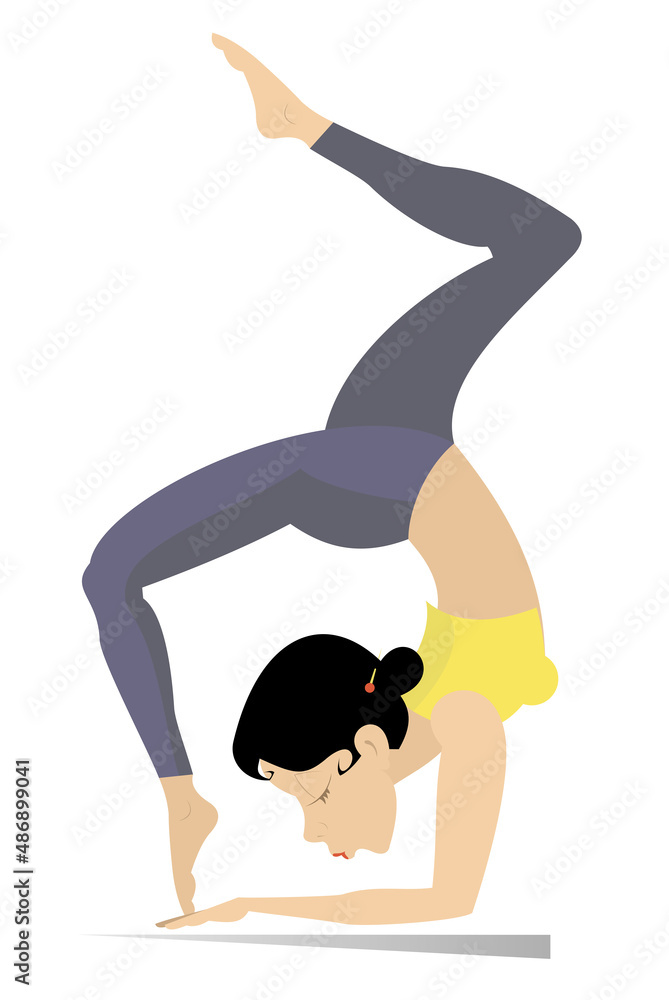 Young woman with lithe figure standing on the hands with legs up and ...