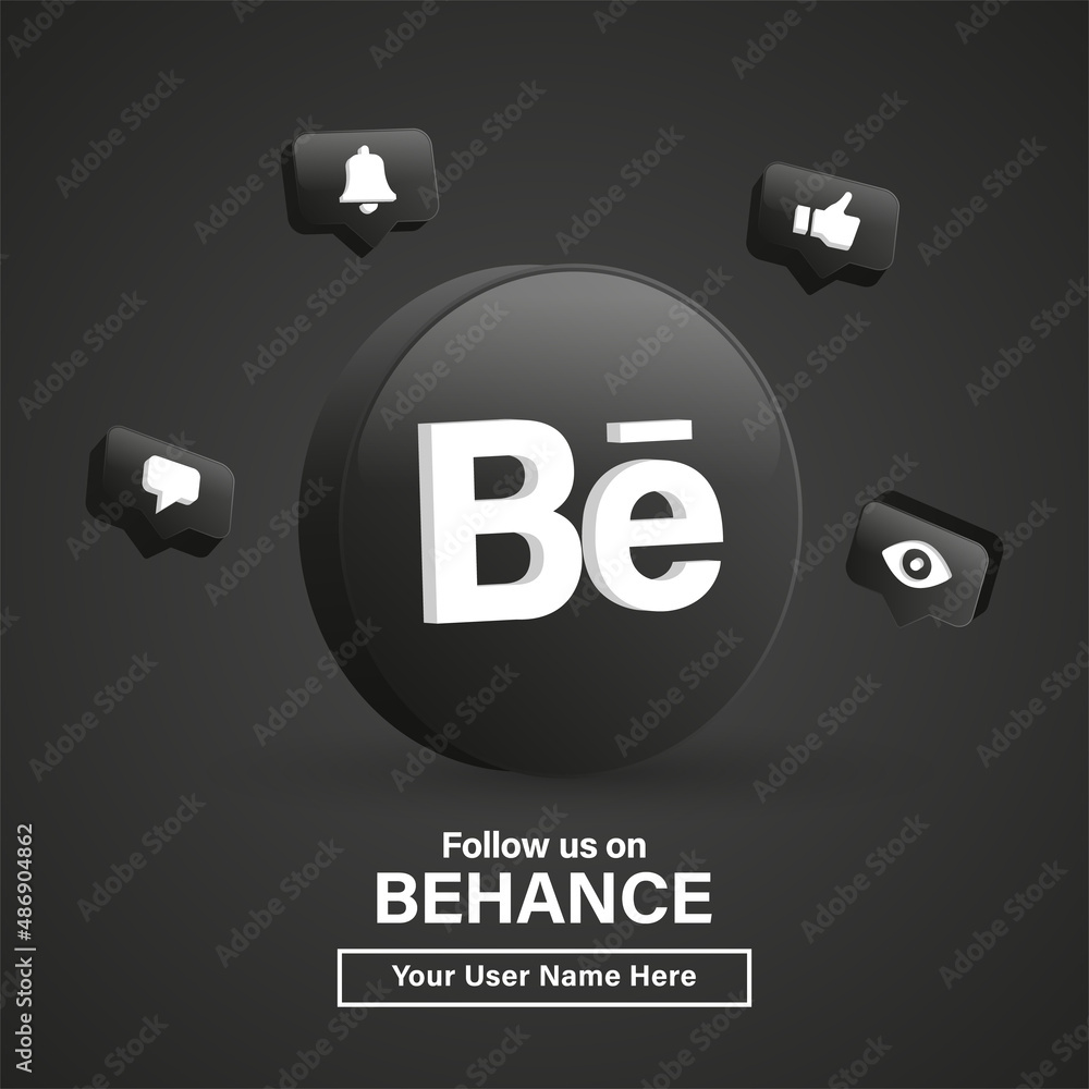follow us on behance for social media icons banner in 3d round black ...