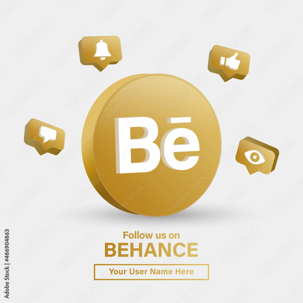 follow us on behance for social media icons banner in 3d golden circle ...