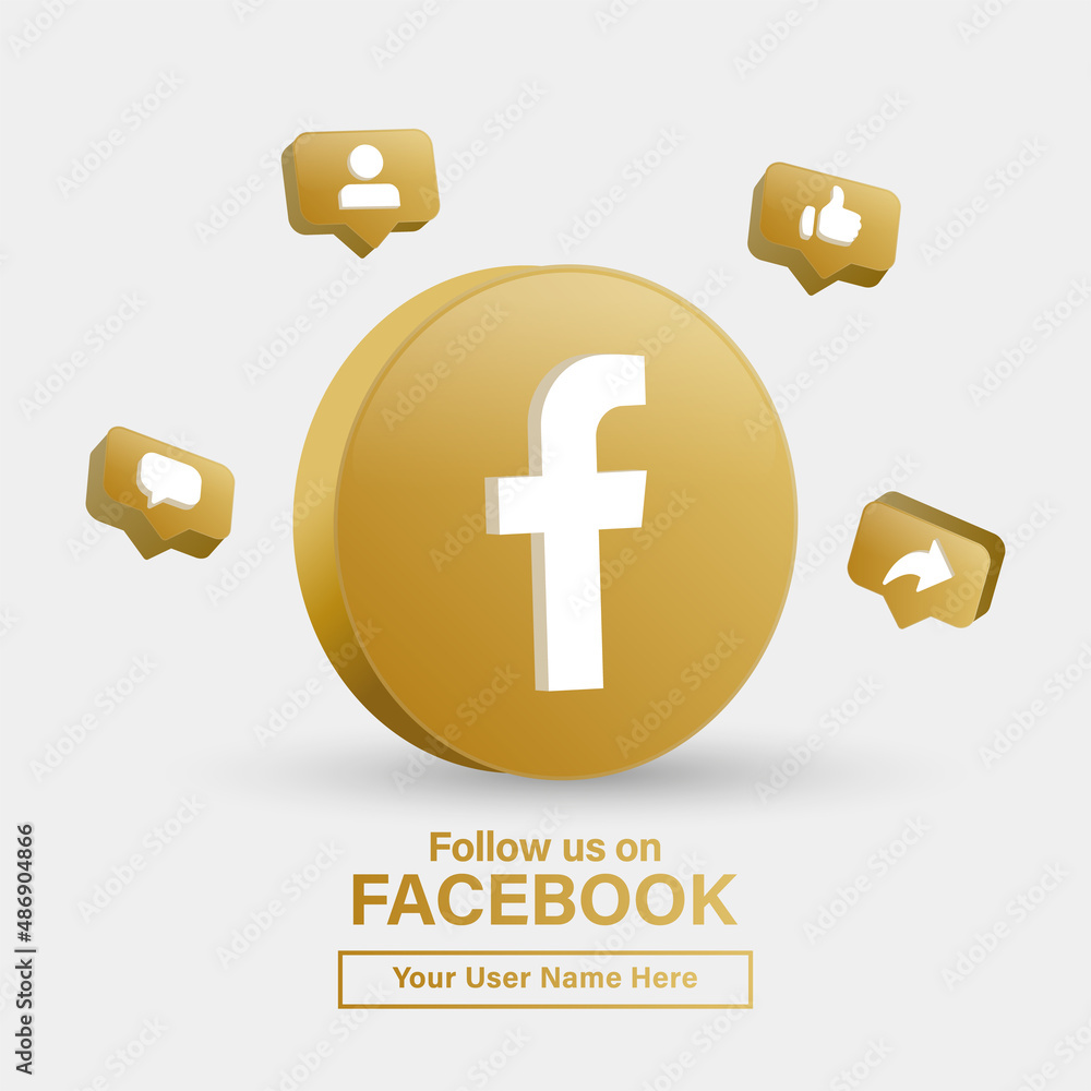 follow us on facebook for social media icons banner in 3d golden circle ...
