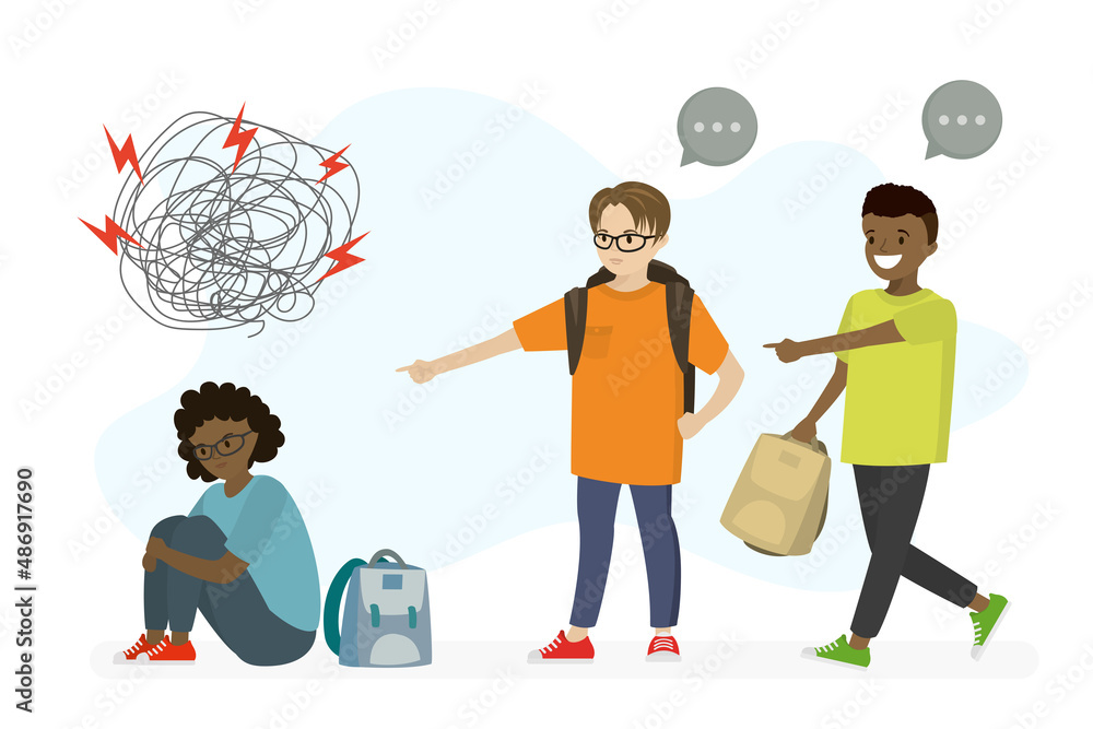 Two boys call names and mock schoolgirl. Stop bullying! Concept of ...