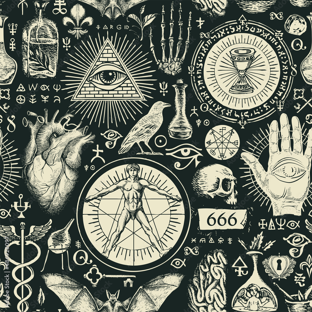 Hand-drawn seamless pattern on a theme of occultism, satanism and ...