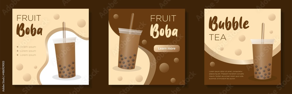 Bubble tea social media post, square banner set, boba pearls drink ...