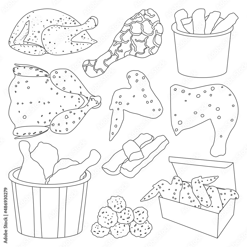 Fried chicken isolated outline set icon. Vector illustration crispy ...