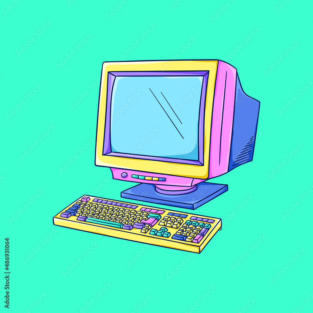 Computer illustration. Retro home computer. Personal computer with ...