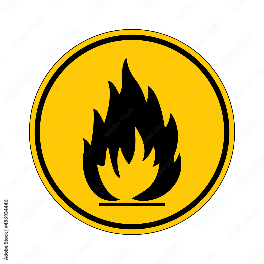 Flammable substances sign. Vector illustration of yellow circular ...