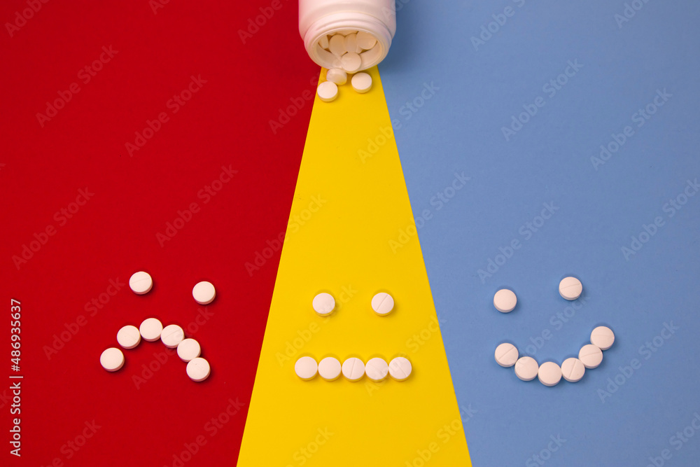 Correct medical treatment. Pills smileys. Sad, neutral and happy ...