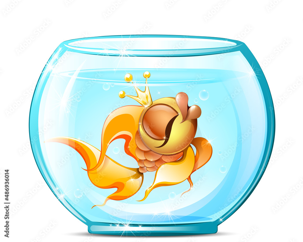 Cartoon gold beautiful fish girl in aquarium with crown. Stock Vector ...