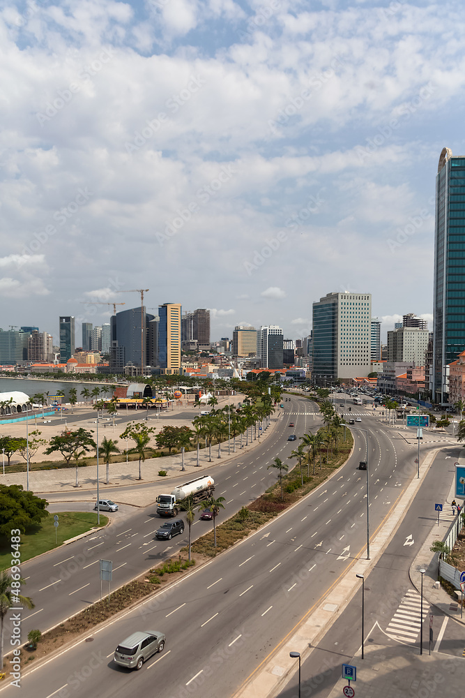 Aerial view of downtown Luanda, bay , Cabo Island and Port of Luanda ...