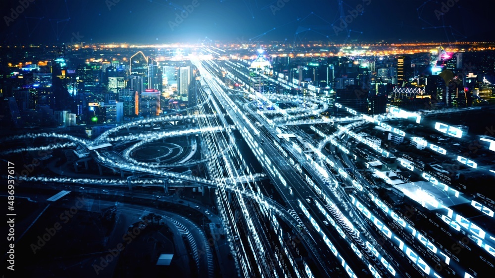 Digital data flow on road in concept of cyber global communication and ...