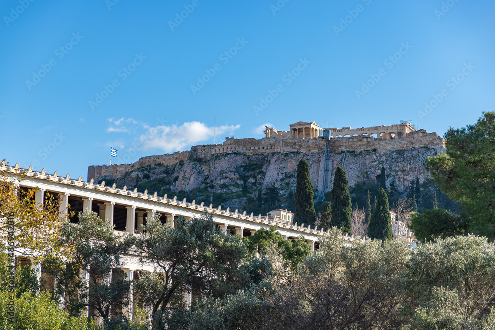 Panorama of the Acropolis. Ancient Greek Parthenon on Acropolis hill is ...