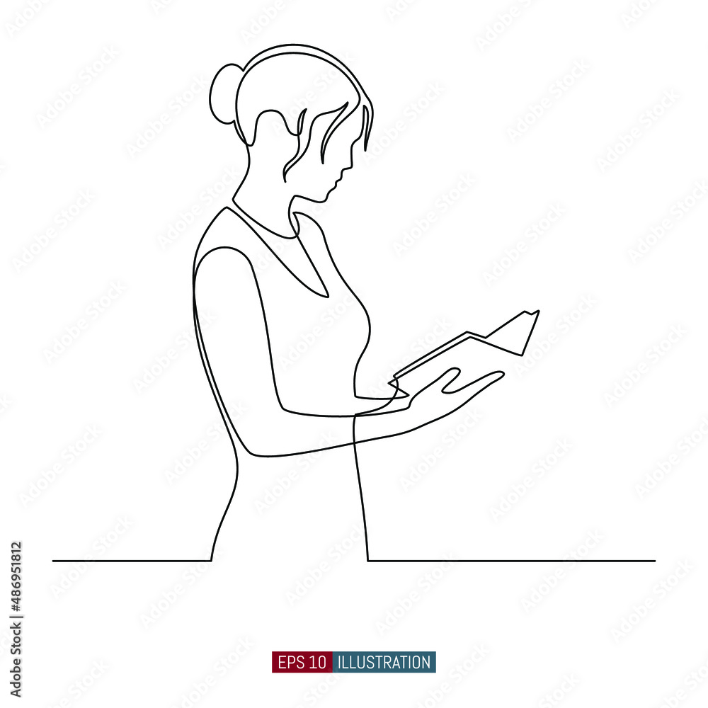 Continuous line drawing of A woman stands and reads a book. Template ...