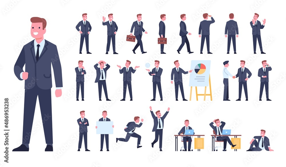 Cartoon businessman character poses. Manager in formal suit. Different ...