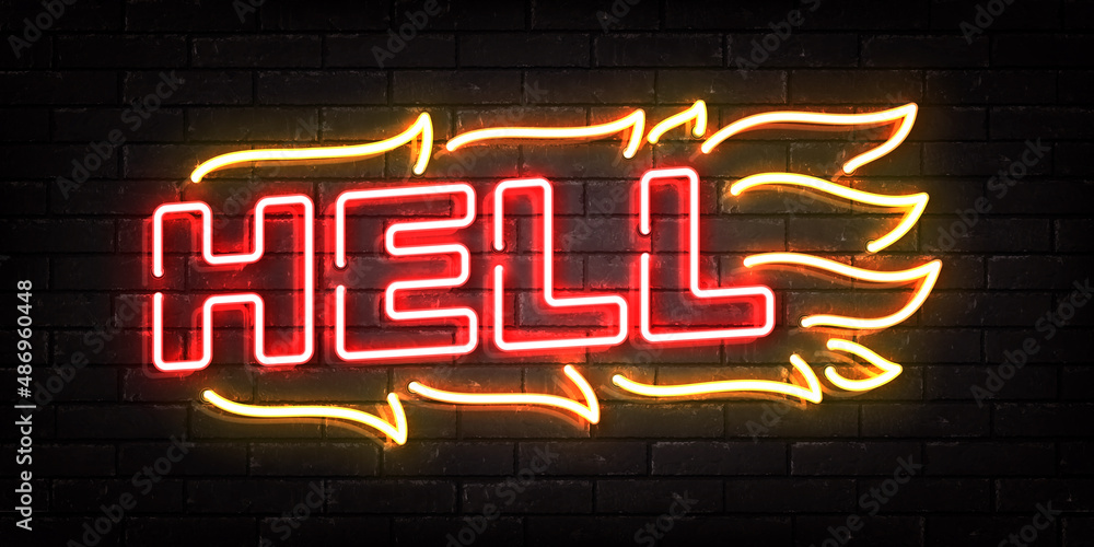 Vector realistic isolated neon sign of Hell logo with fire on the wall ...